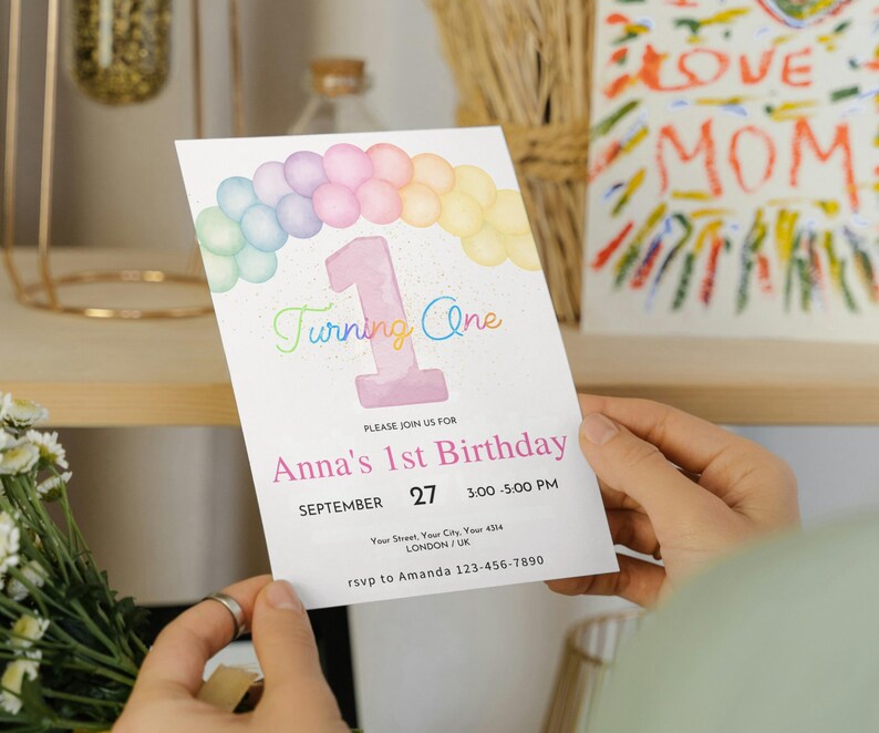 Editable First Birthday Invitation, Pastel Rainbow 1st Birthday Invite ...