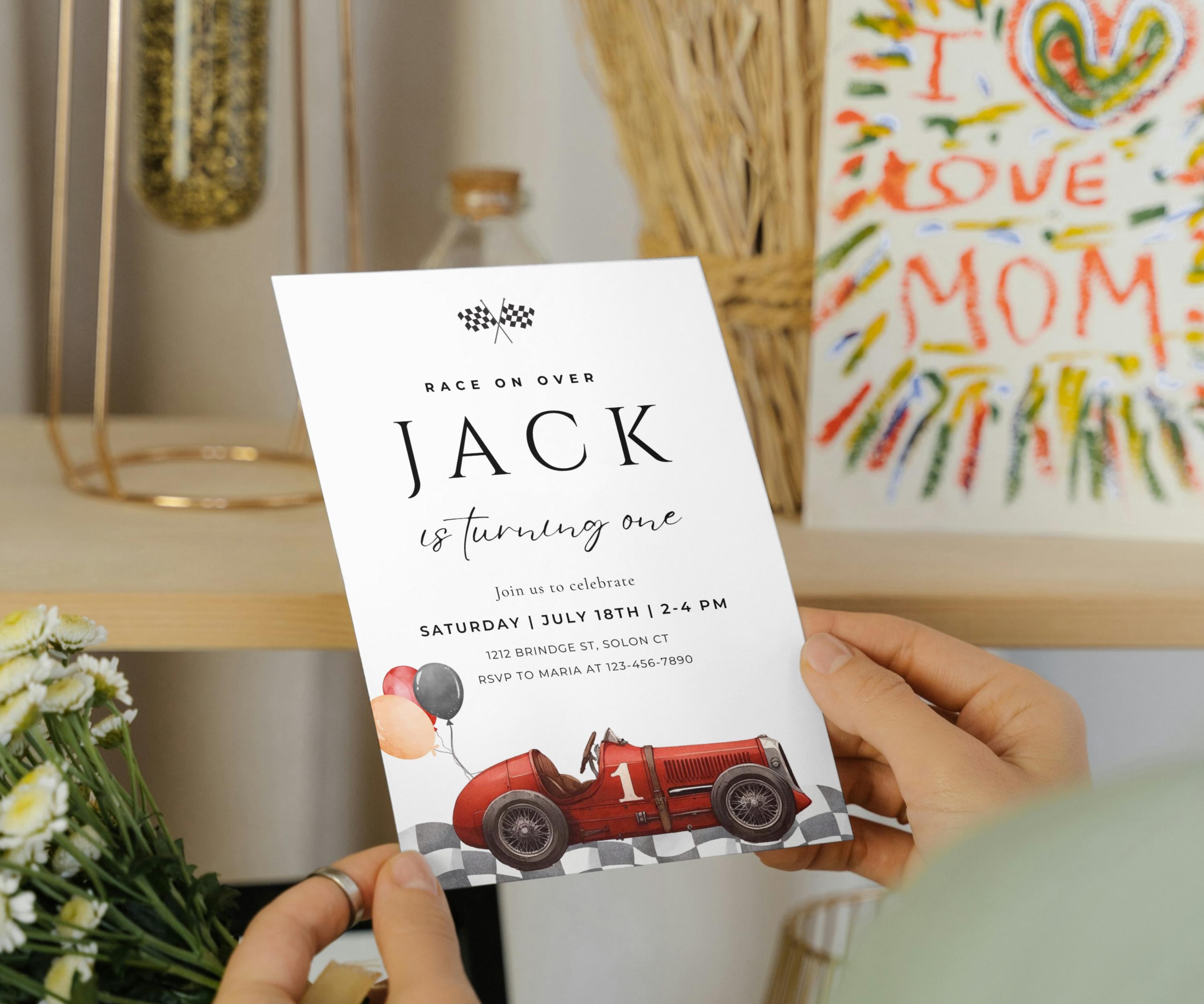 Vintage Red Race Car Birthday Invitation, Editable Fast One Birthday ...