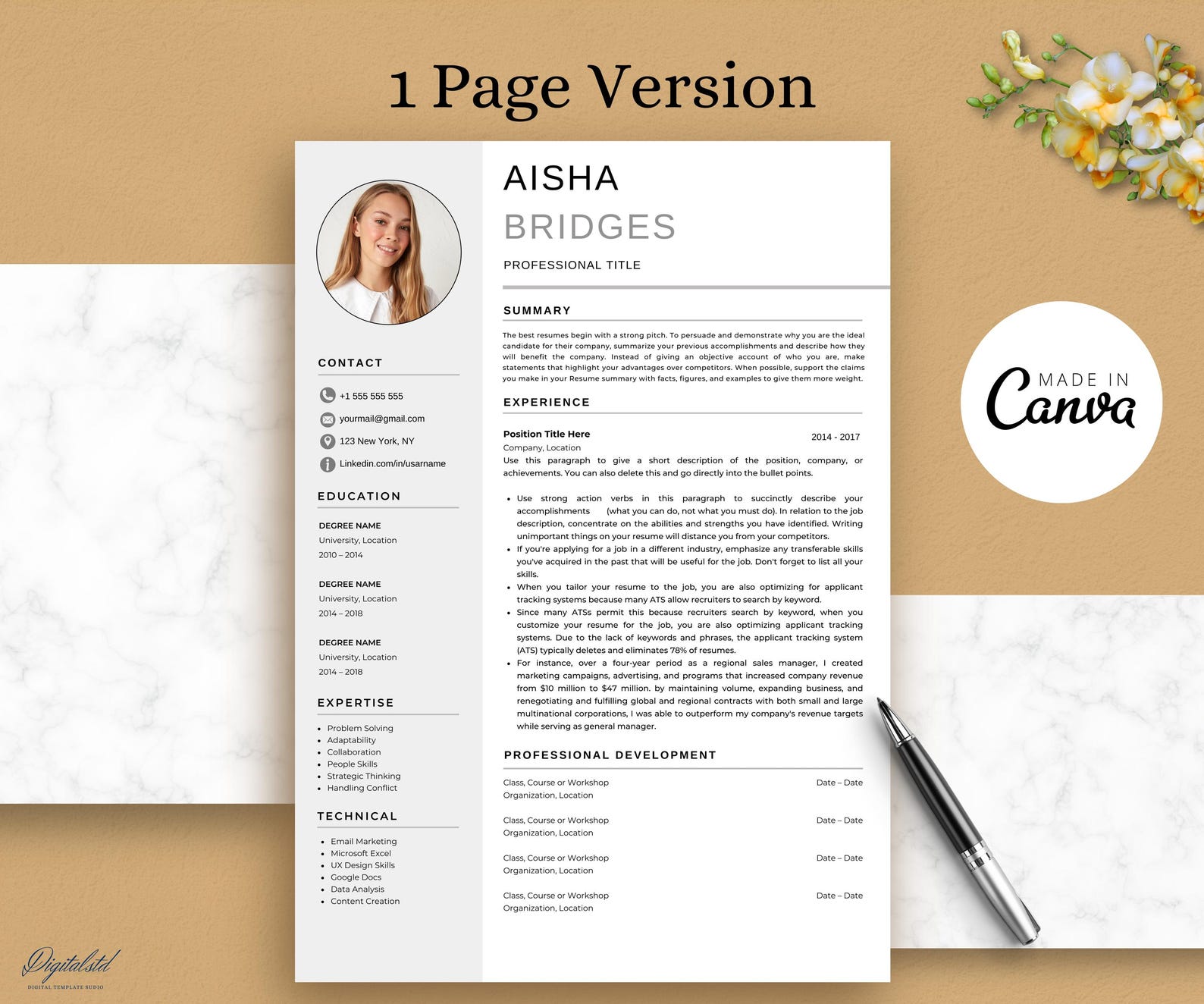 Canva Resume Template With Photo, Professional Resume Canva, Cv ...