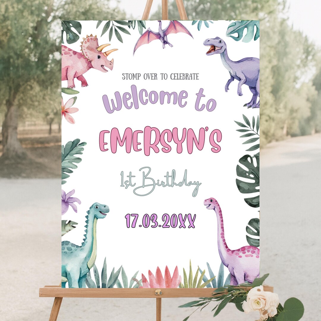 EDITABLE Pastel Dinosaur Welcome Sign, Girl Three Rex Party Welcome ...