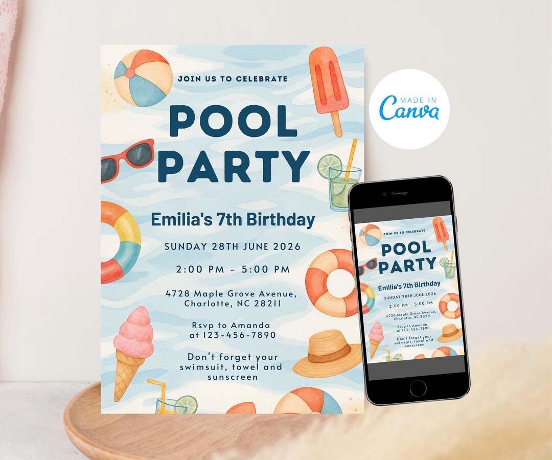 Editable Pool Party 7th Birthday Invitation, Summer Birthday Party ...
