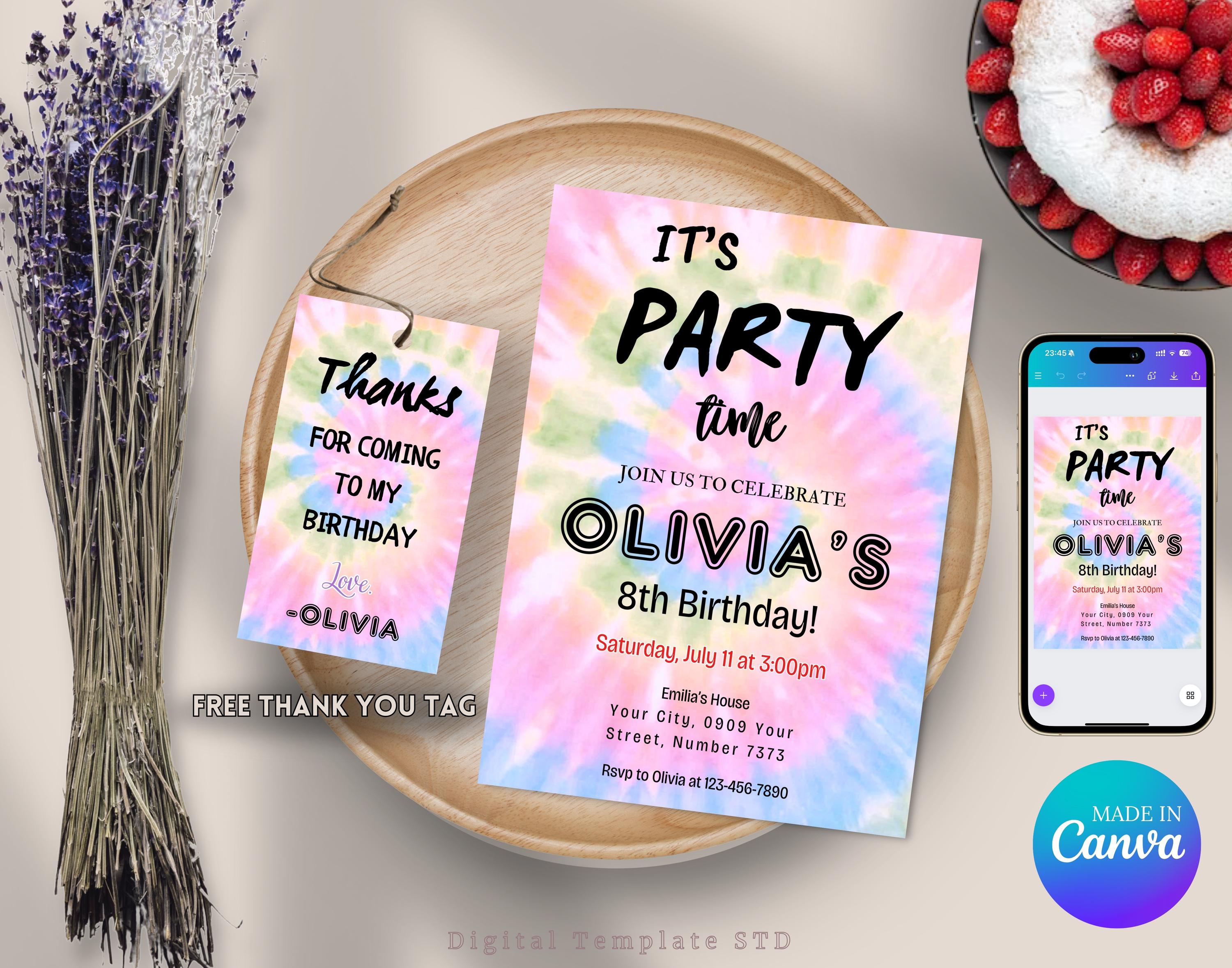 Editable Tie Dye Birthday Invitation, Pritanble Tie Dye Birthday ...