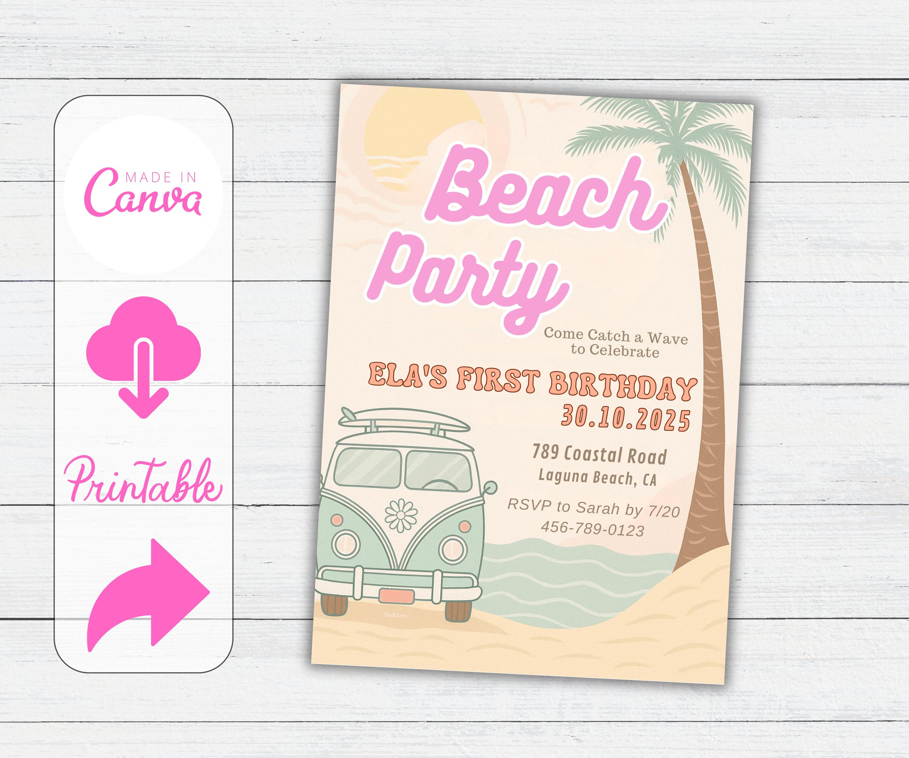 Editable Beach Party Invitation, Girl Birthday Invitation, Surf's Up ...