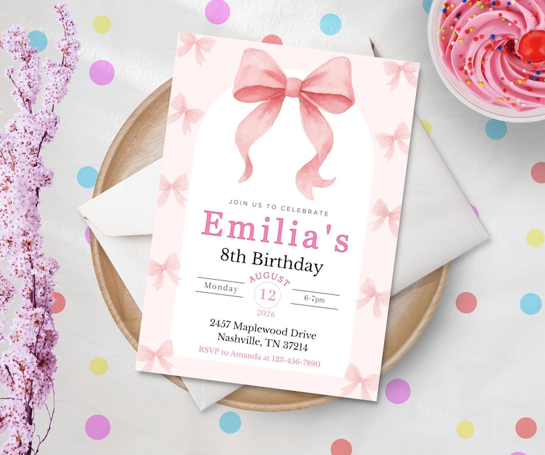 Editable Pink Bow Birthday Invitation Pink Coquette Bow Invite Canva