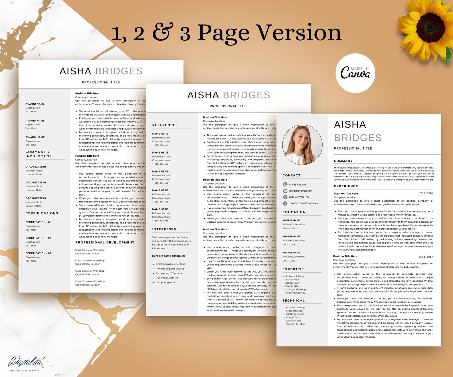 Canva Resume Template With Photo, Professional Resume Canva, Cv ...