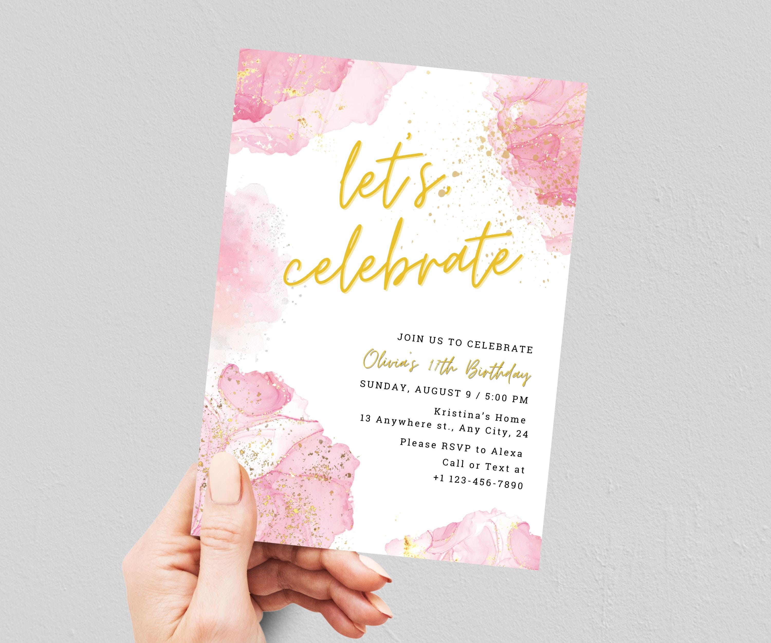 Blush Pink Let's Celebrate Invitation Template, Editable Pink Gold ...