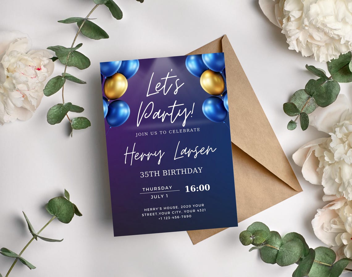 Editable Navy Blue Balloons Birthday Invitation Template, Printable Let ...