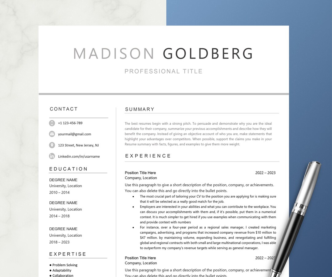 Professional Resume Template, Word and Pages 1-2-3 Page Resume Template ...