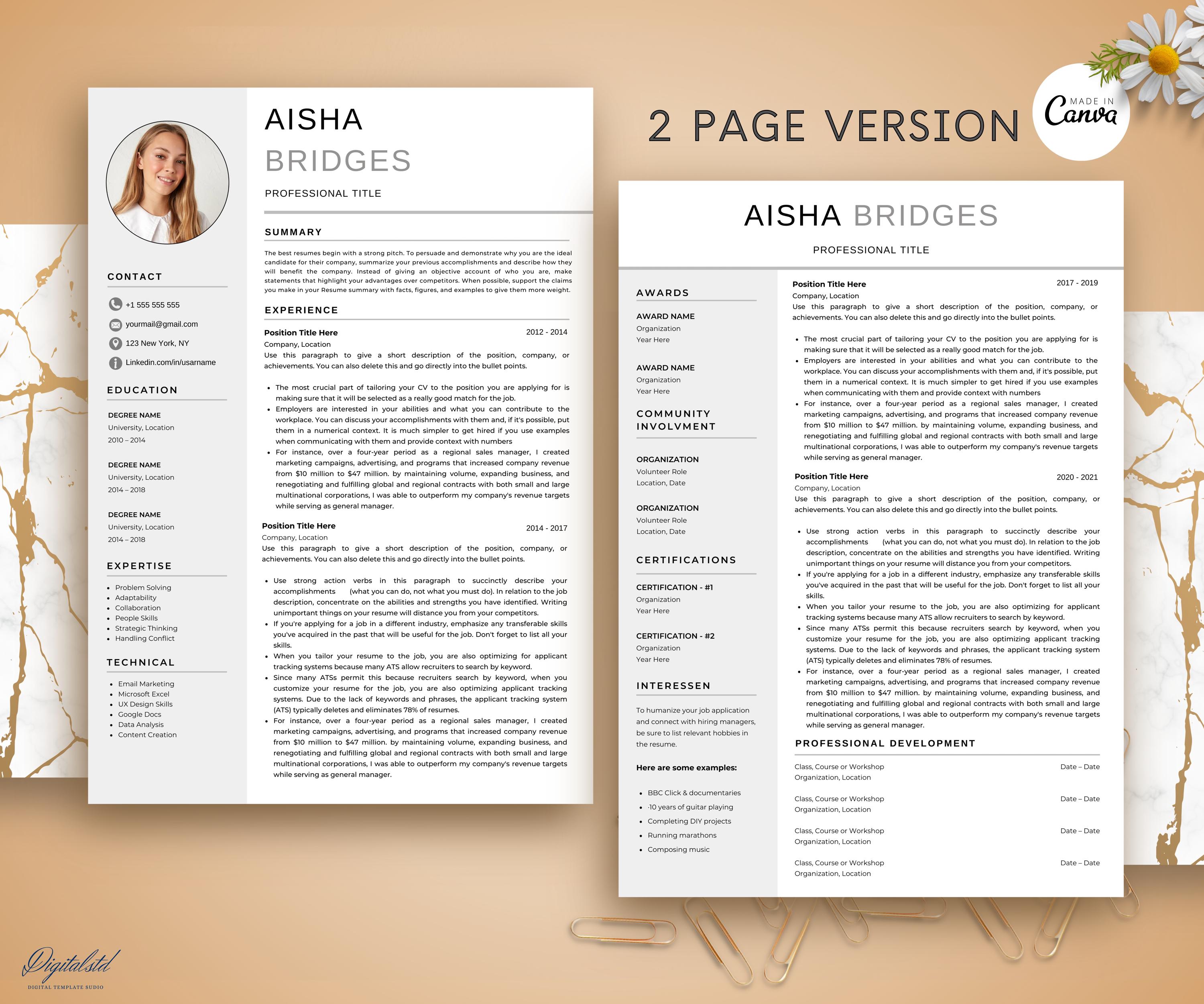 Canva Resume Template With Photo, Professional Resume Canva, Cv ...