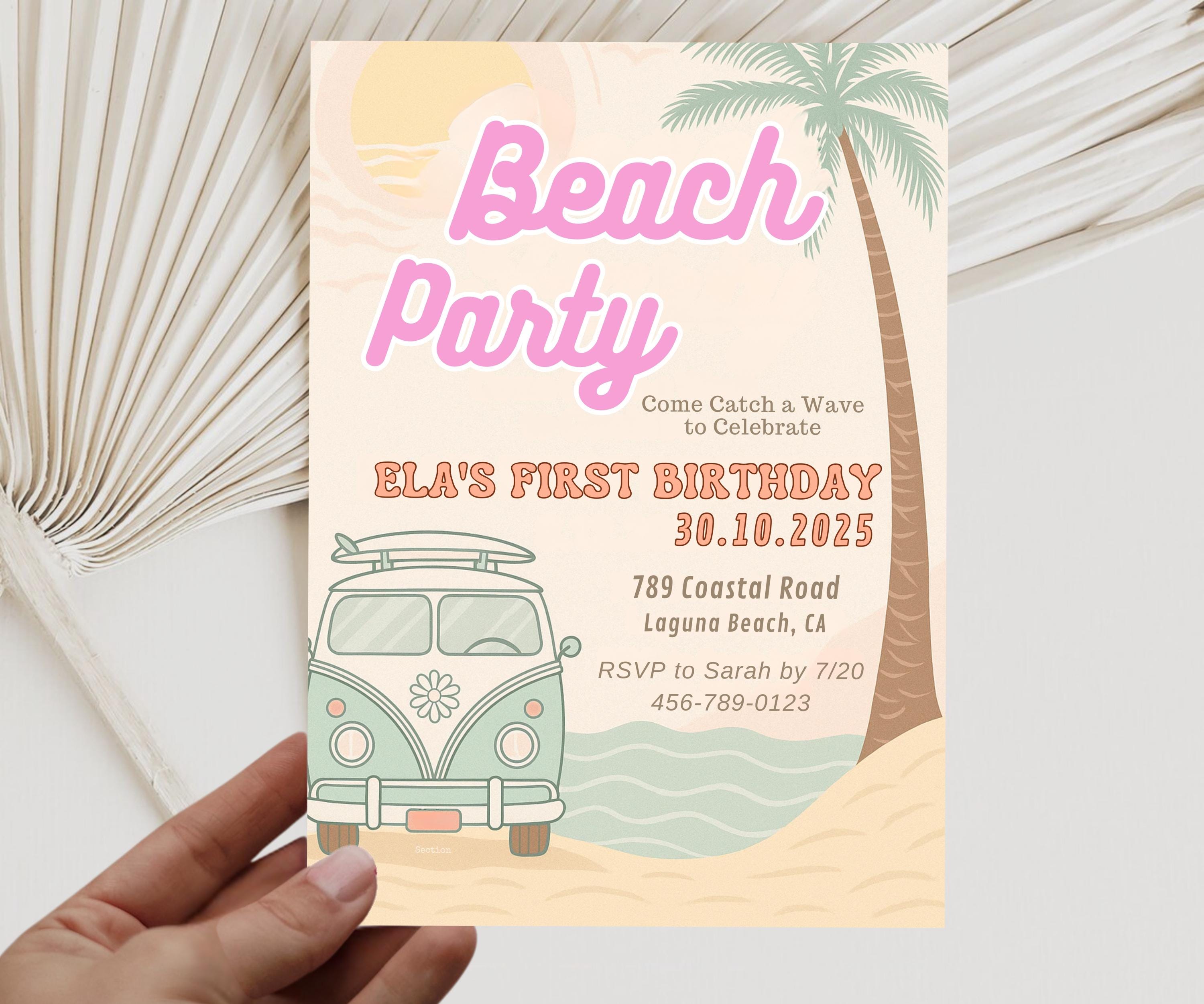 Editable Beach Party Invitation, Girl Birthday Invitation, Surf's Up ...