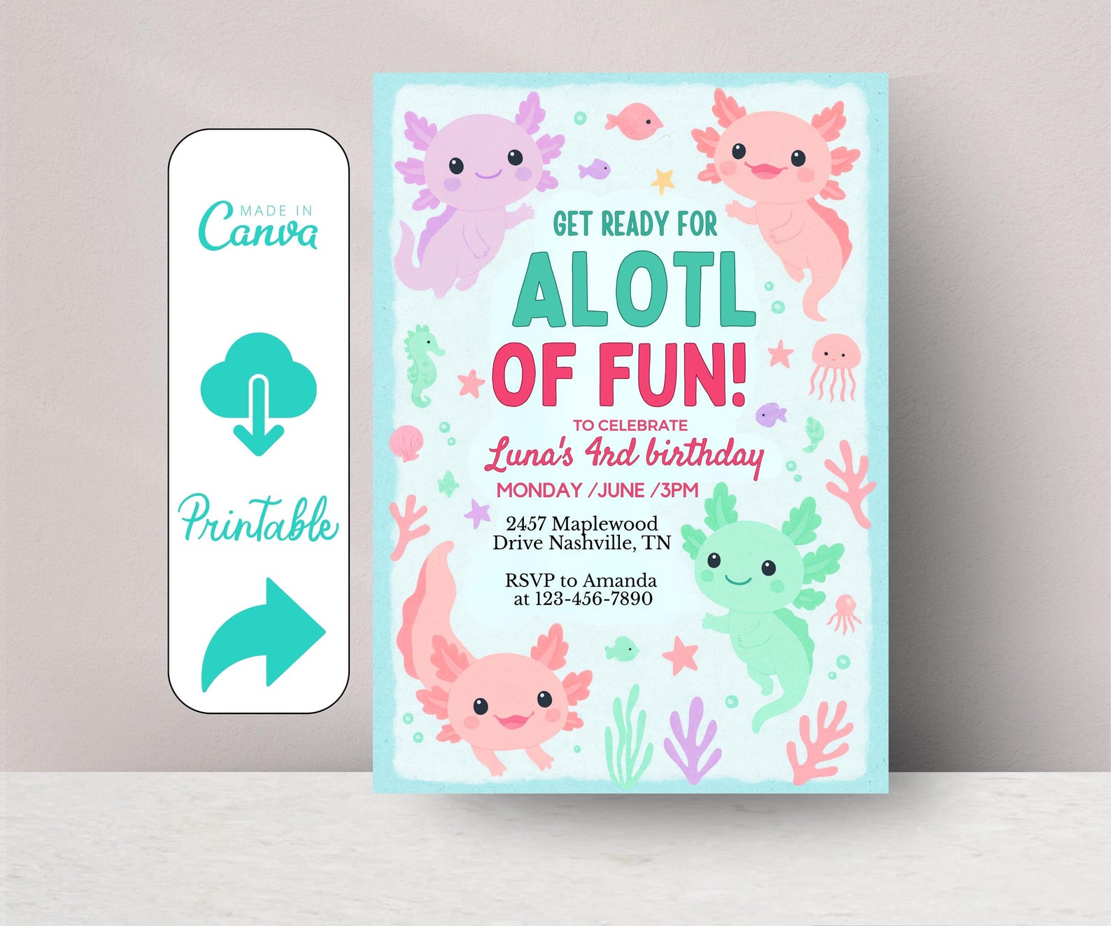 Editable Axolotl Birthday Invitation, Axolotl A Lotl Fun Party Invite ...