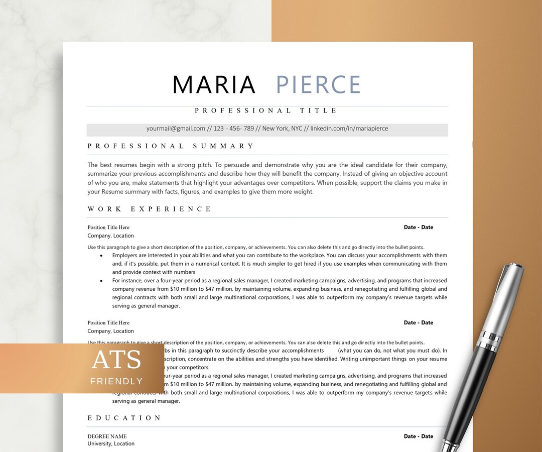 ATS Friendly Resume Template for Microsoft Word & Pages, Editable ATS ...