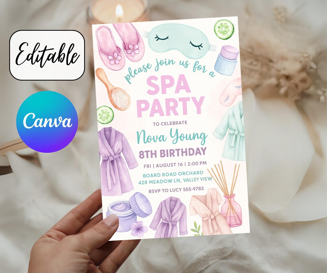 Girls Spa Birthday, Spa Party Birthday Invitation, Pamper Party Invite ...