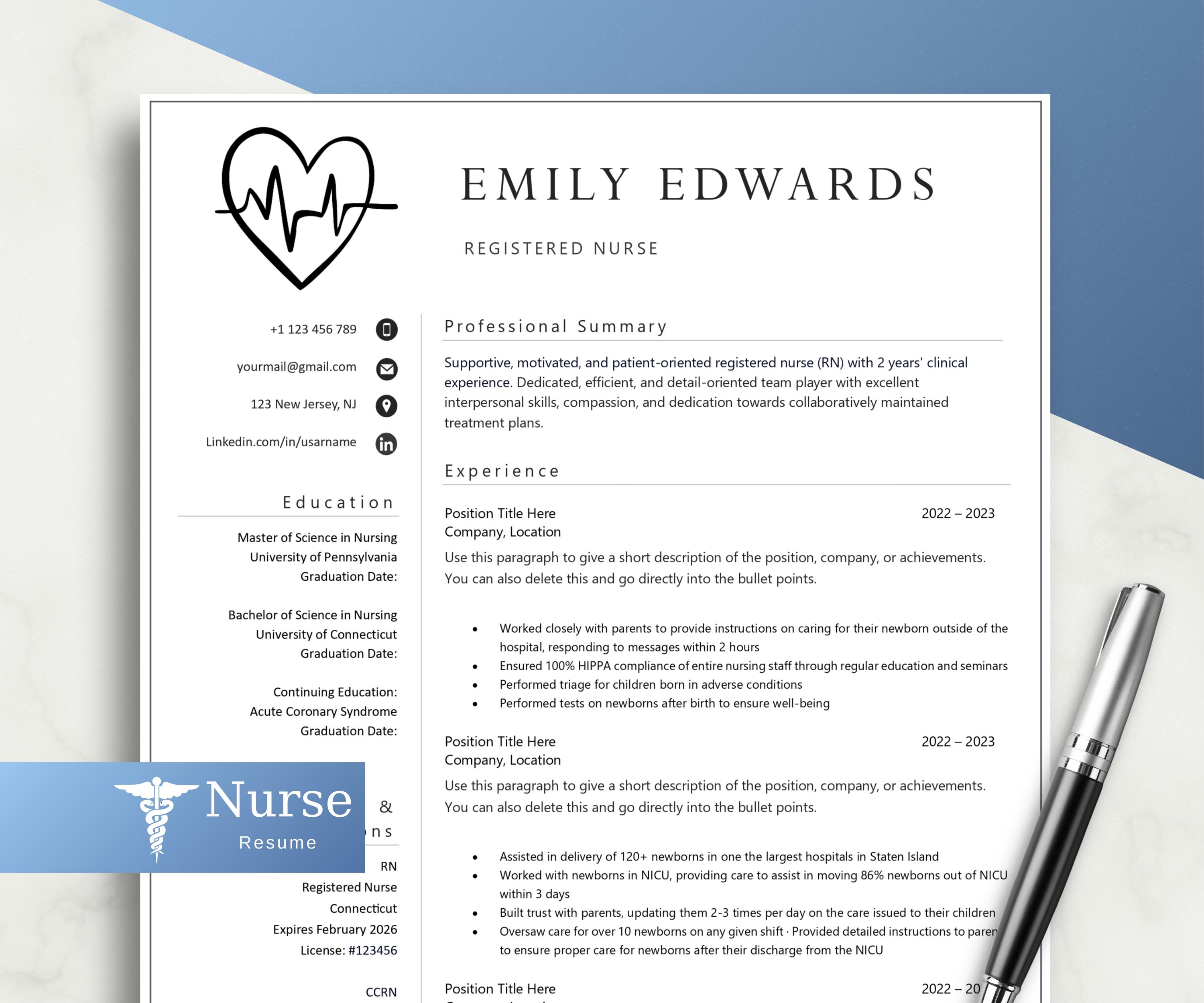 Nursing Resume Template for Word Pages, Registered Nurse Resume, New ...
