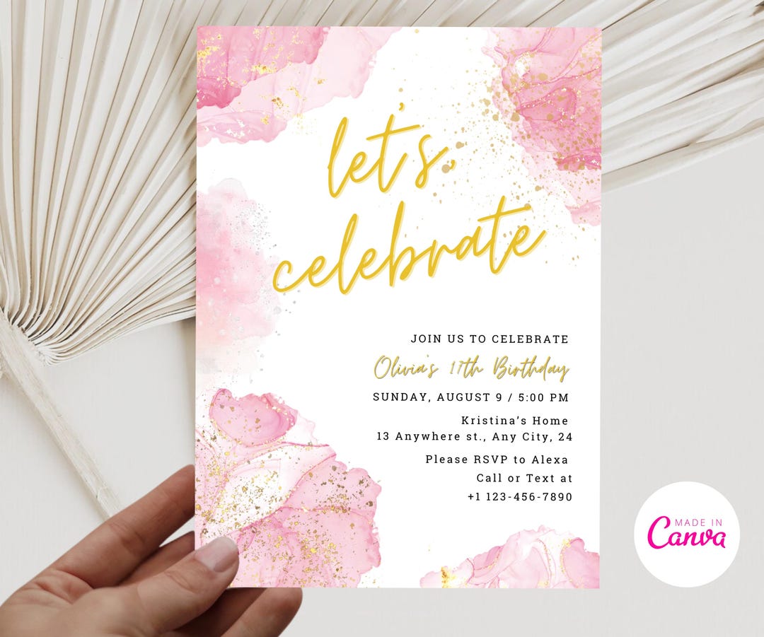 Blush Pink Let's Celebrate Invitation Template, Editable Pink Gold ...