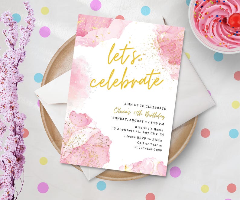 Blush Pink Let's Celebrate Invitation Template, Editable Pink Gold ...
