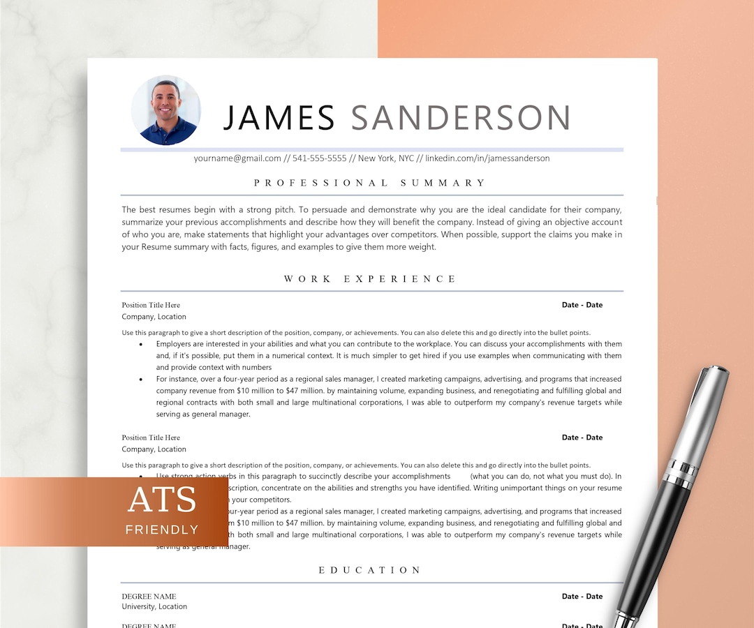 ATS Resume Template Word, Pages | ATS Friendly Resume With Photo | ATS ...