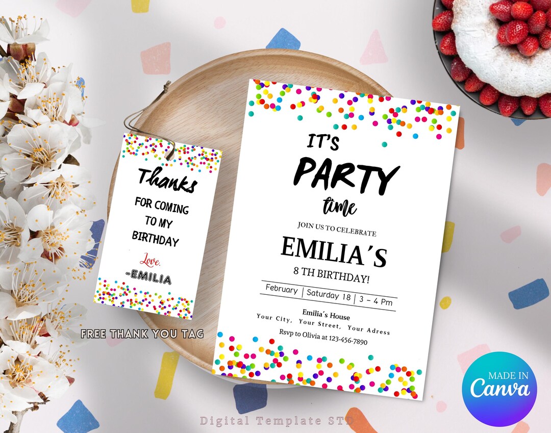 Editable Confetti Party Invitation, Rainbow It's Party Time, Colorful ...