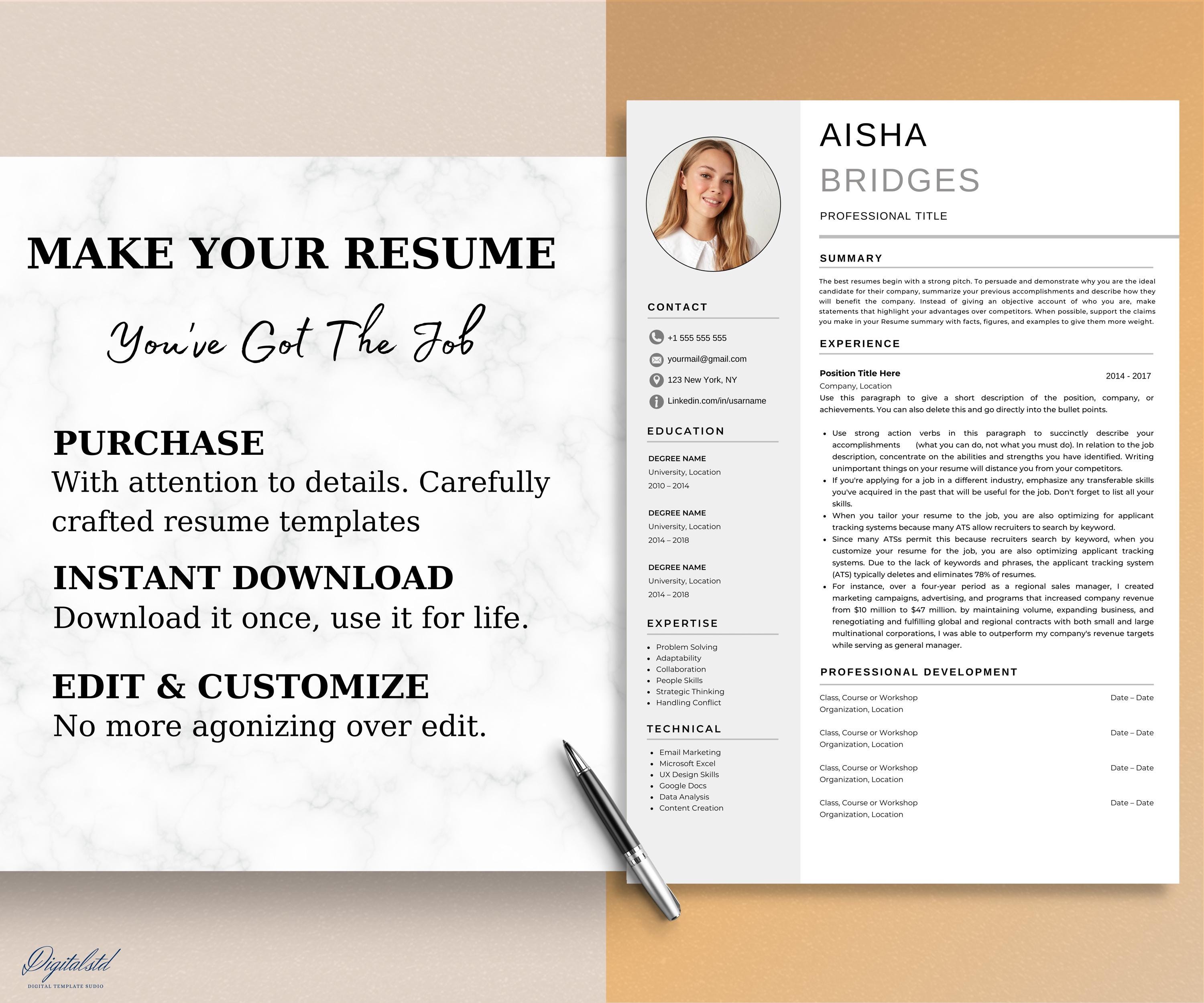 Canva Resume Template With Photo, Professional Resume Canva, Cv ...