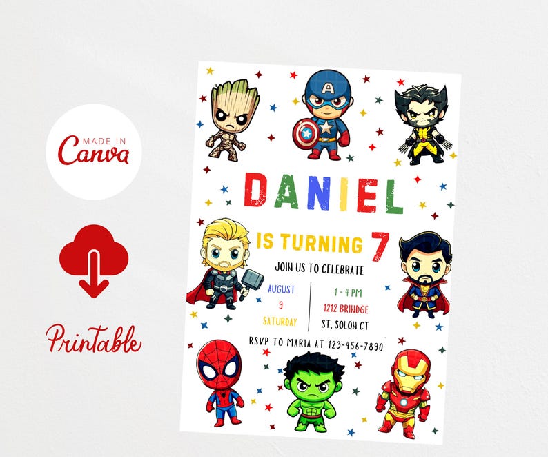 Editable Superheroes Birthday Invitation Template, Printable Birthday ...