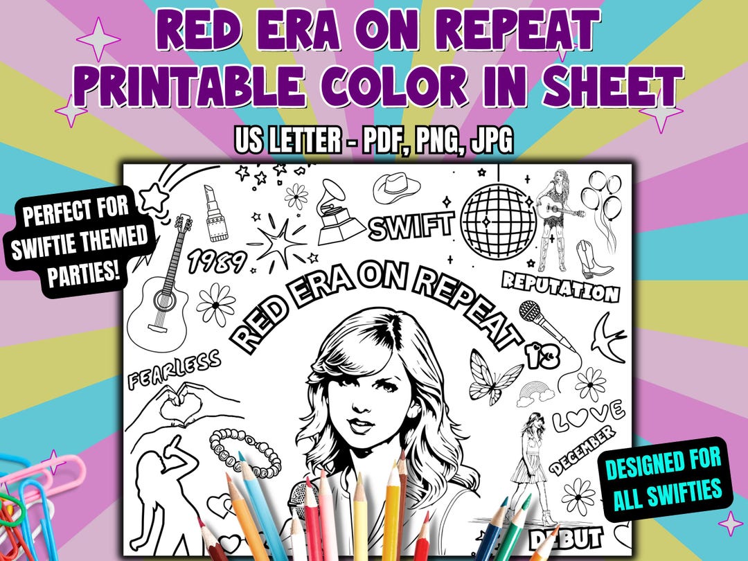 Red Era on Repeat Printable Color in Sheet, Taylor Coloring, Swift ...