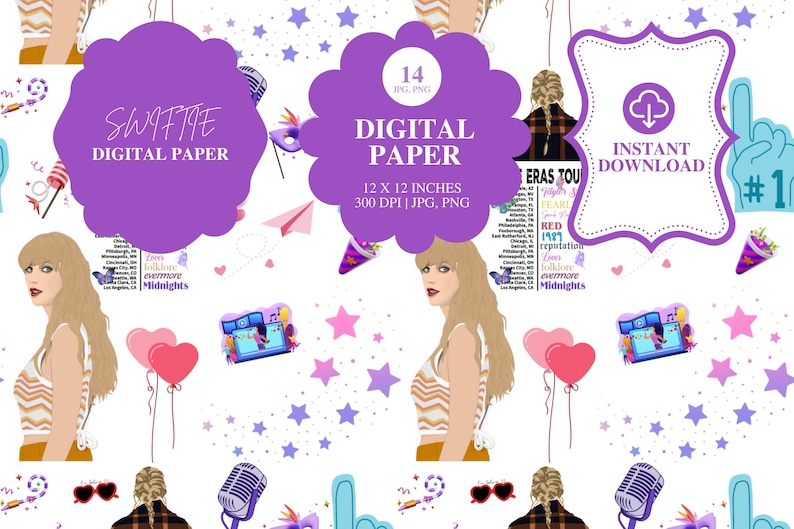 Taylor Swift Digital Paper Pack 14 Seamless 12x12 Patterns Eras Tour ...