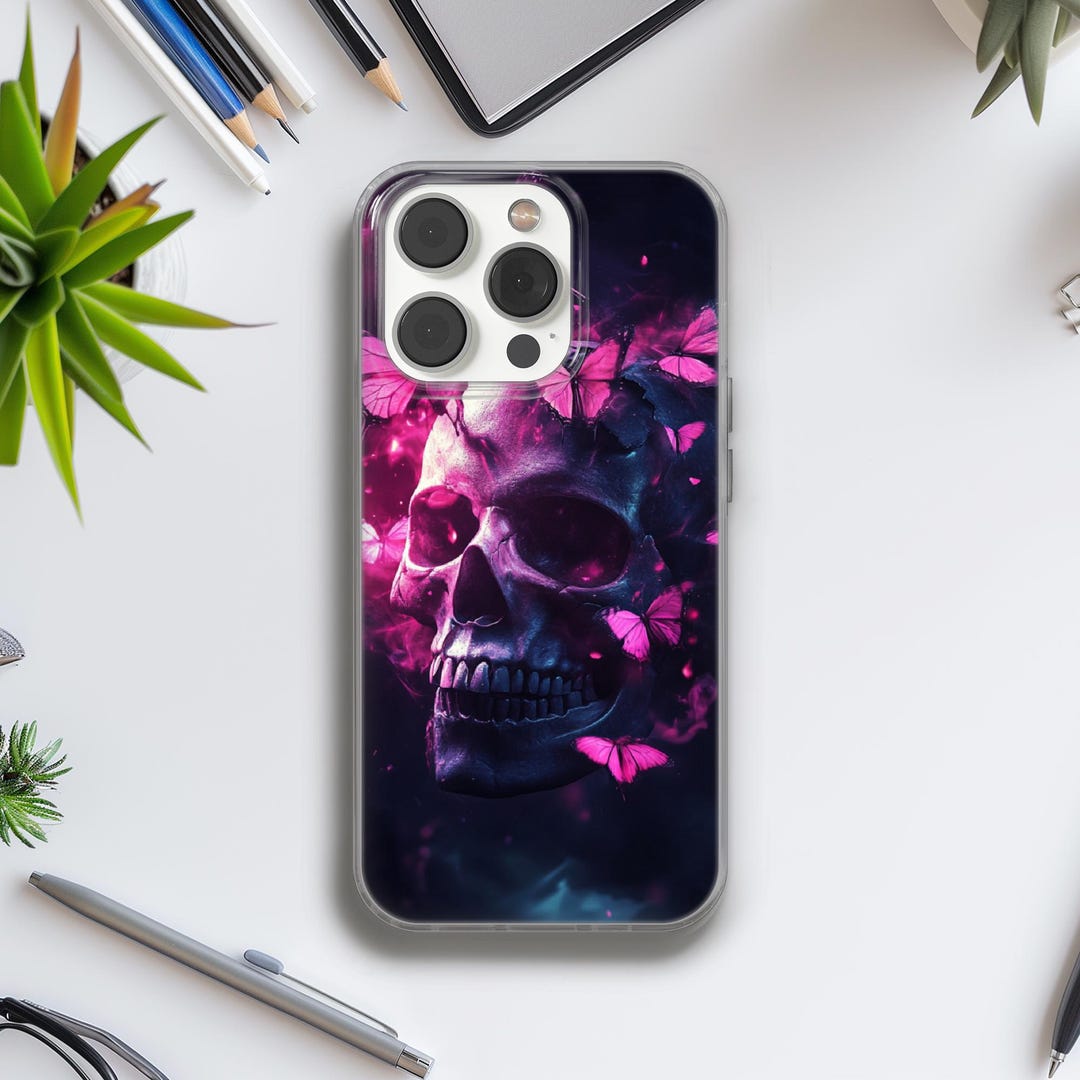 Skull Neon Light Phone Case Pink Butterflies Magsafe Cover for iPhone ...