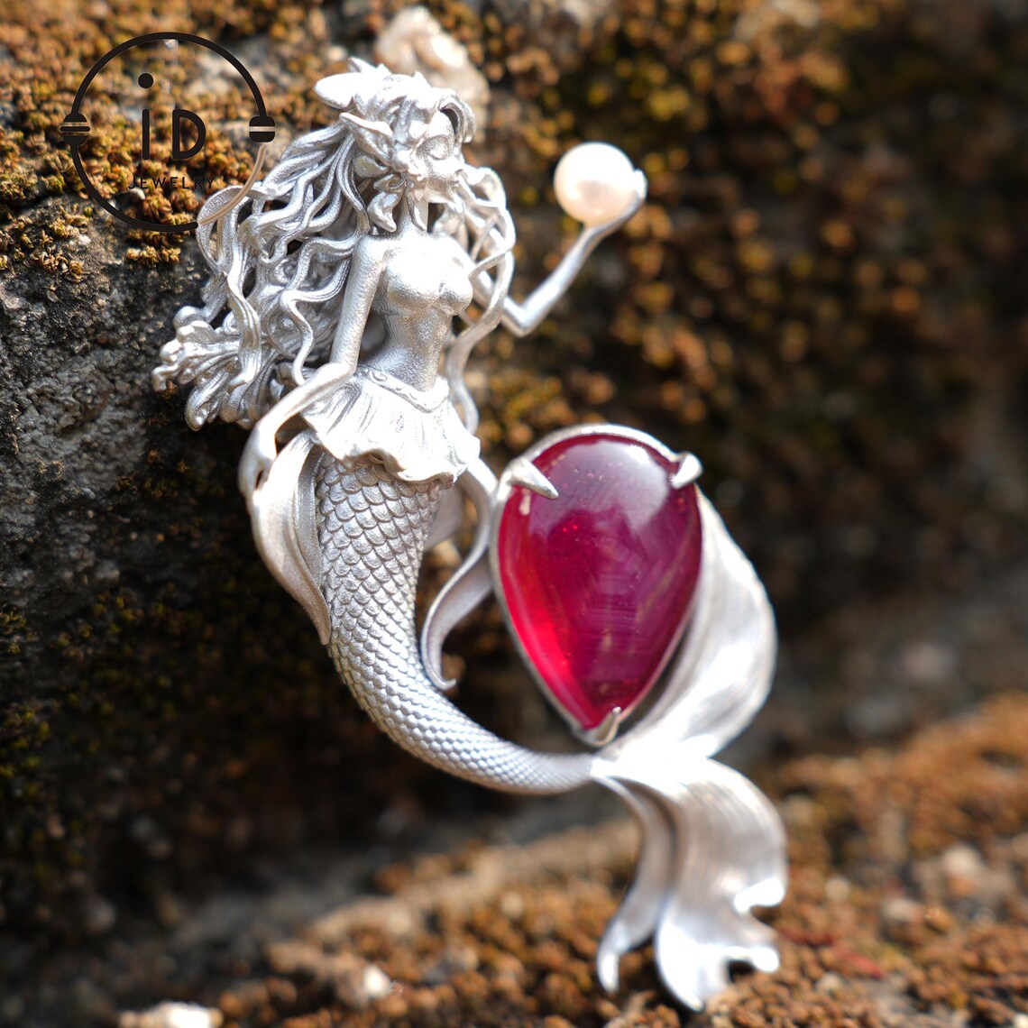 925 Sterling Silver Mermaid Star-ruby Pendant Necklace | Hand-carved ...