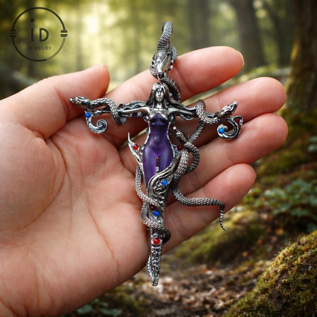 Gothic Snake Pendant in 925 Sterling Silver With Amethyst and Glass ...
