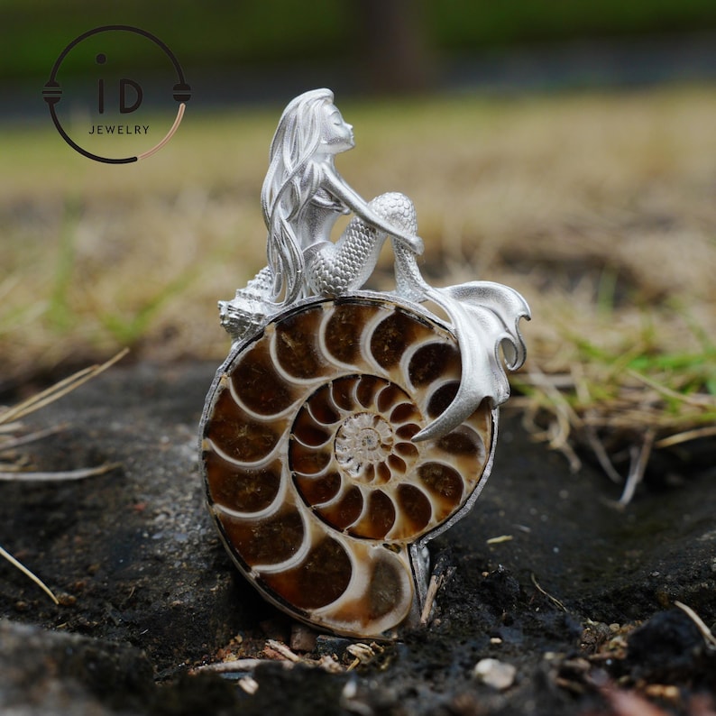 Mermaid Pendant With Ammonite Fossil in 925 Silver, Totem Necklace ...
