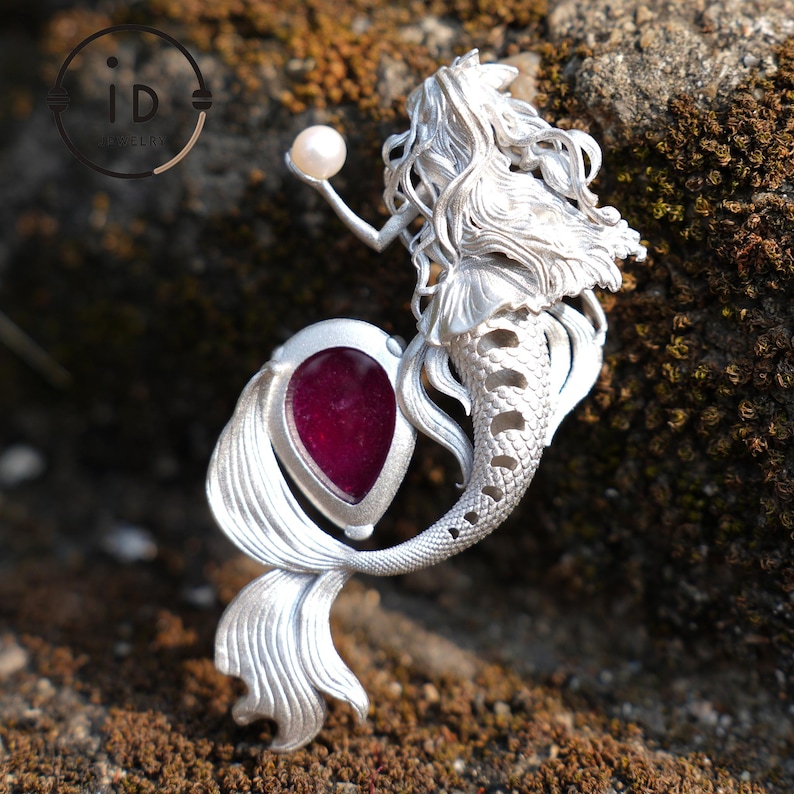 925 Sterling Silver Mermaid Star-ruby Pendant Necklace | Hand-carved ...