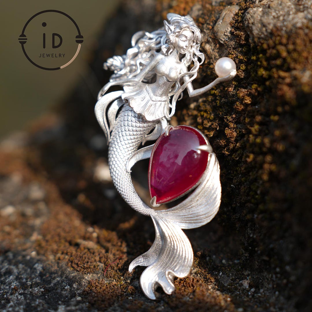925 Sterling Silver Mermaid Star-ruby Pendant Necklace | Hand-carved ...