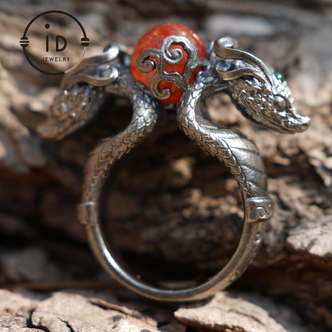 925 Silver Sunstone and Aquamarine Ring – Handcrafted Dragon Jewelry ...