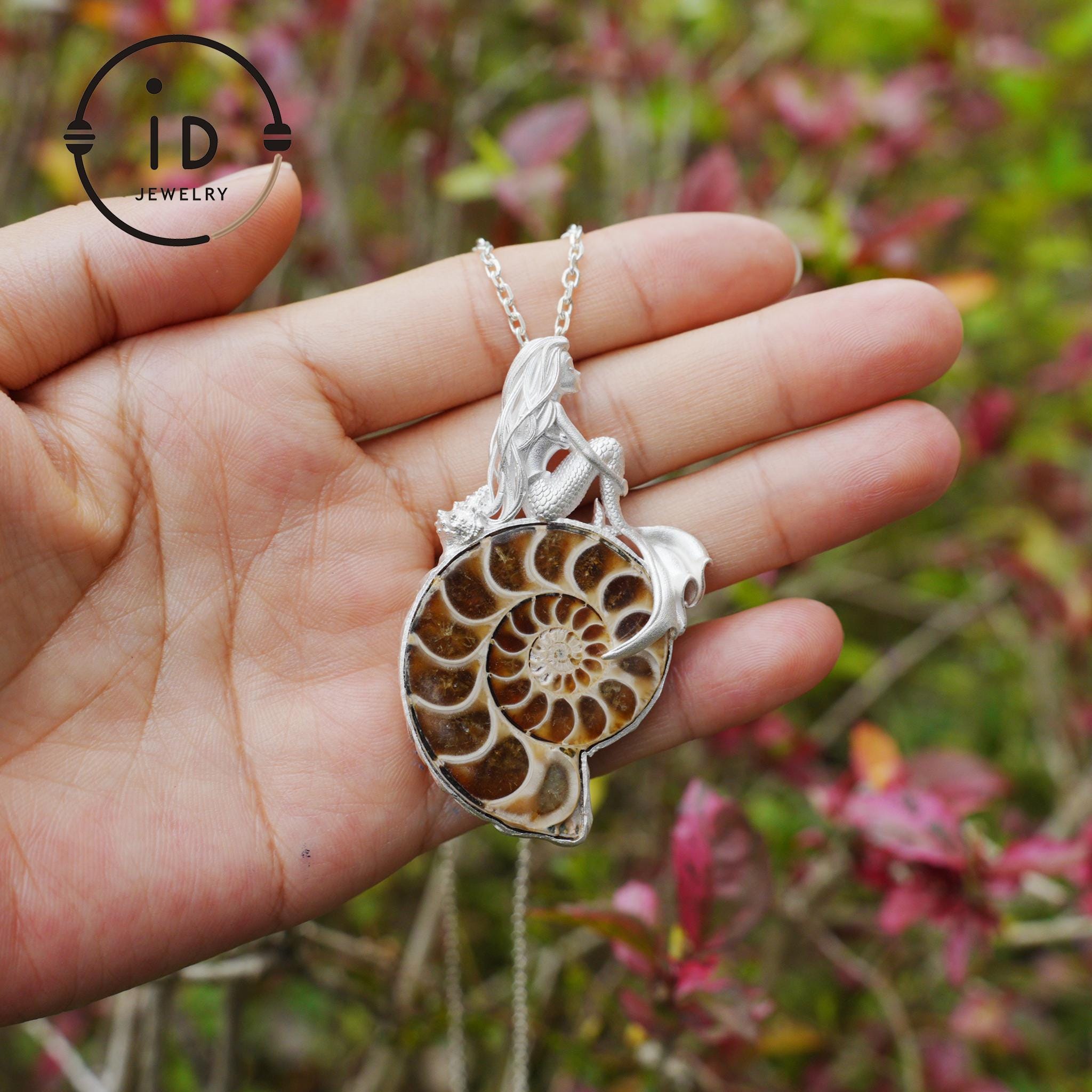 Mermaid Pendant With Ammonite Fossil in 925 Silver, Totem Necklace ...