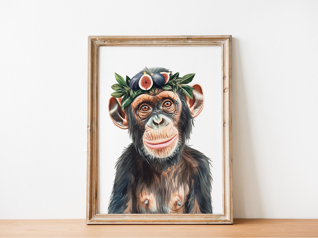 Cute Pastel Watercolor Monkey Chimpanzee Poster With Boho Fig Wreath ...