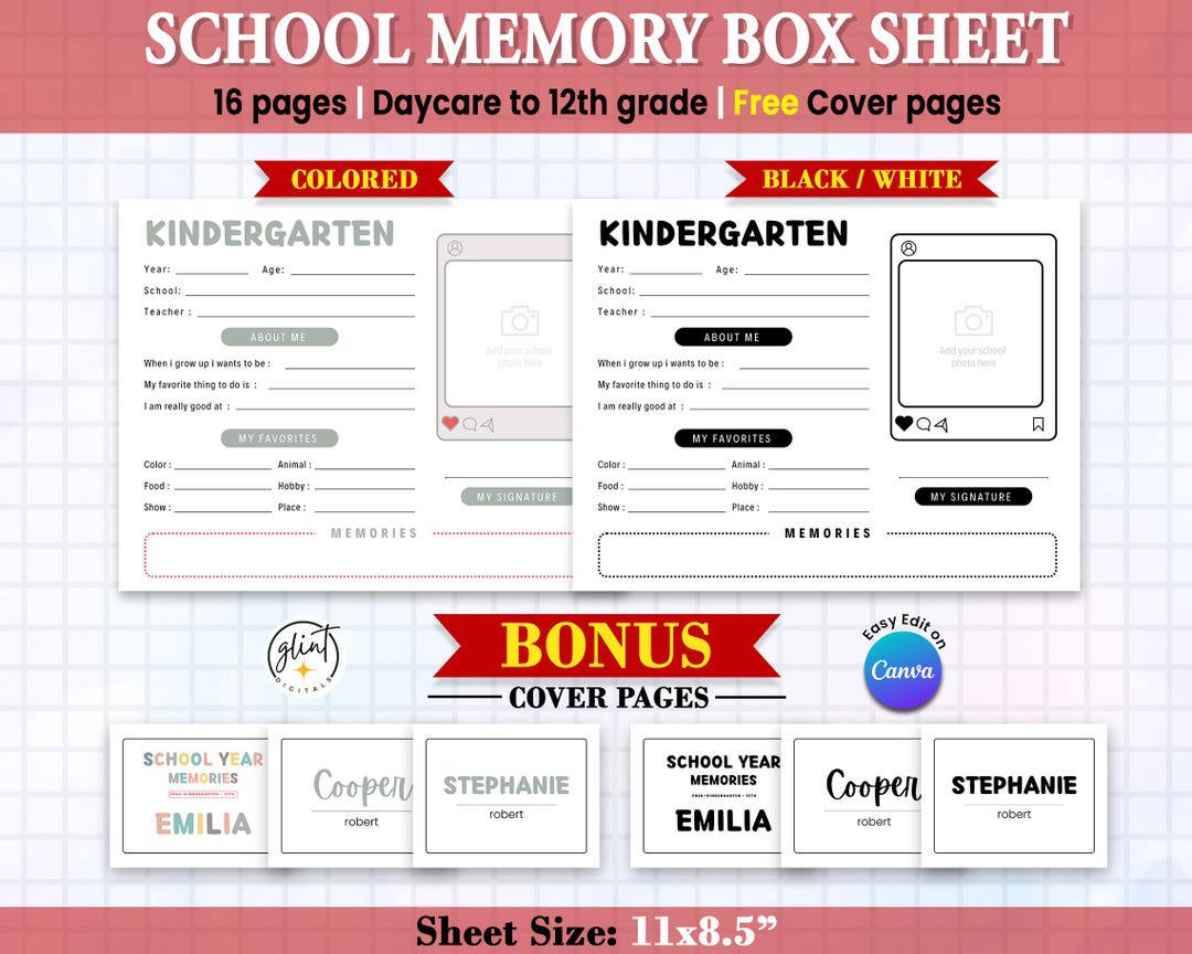 SCHOOL MEMORY BOX File Folder Cover Printable Sheet Questionnaire Kids ...