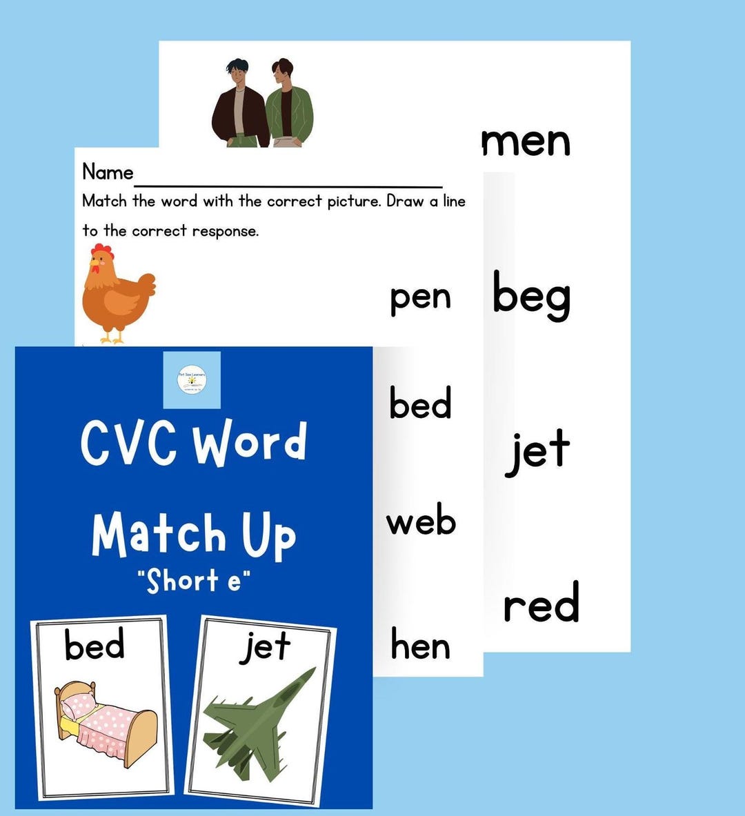 Short E CVC Word to Picture Match-up: Educational Printable Worksheet ...