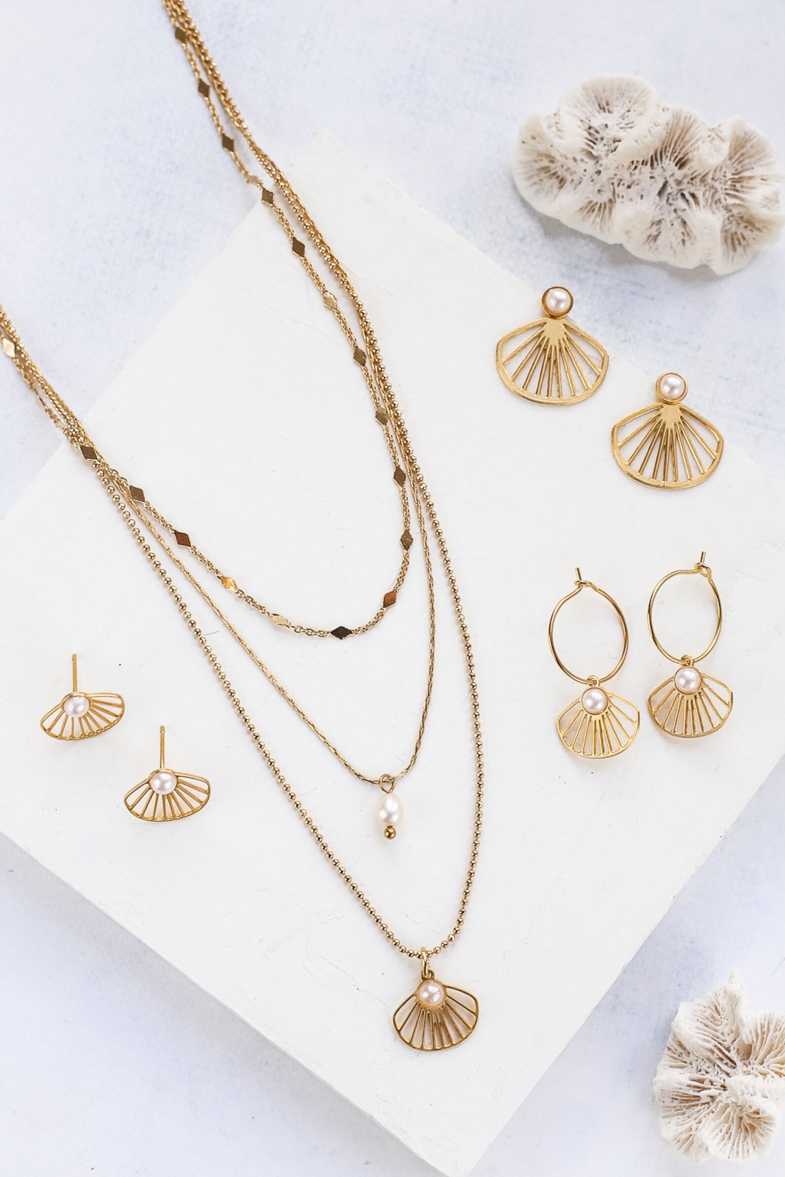 Belize Layered Necklace,pearl Bead, Semi-precious Stone, Gold and ...