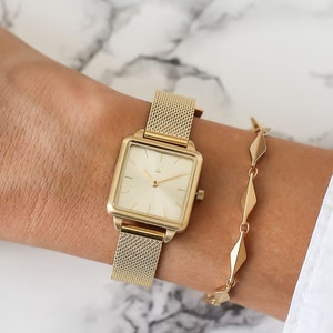Rectangle Watch With a Golden Mesh Strap, Classic Women's Wrist Watch ...