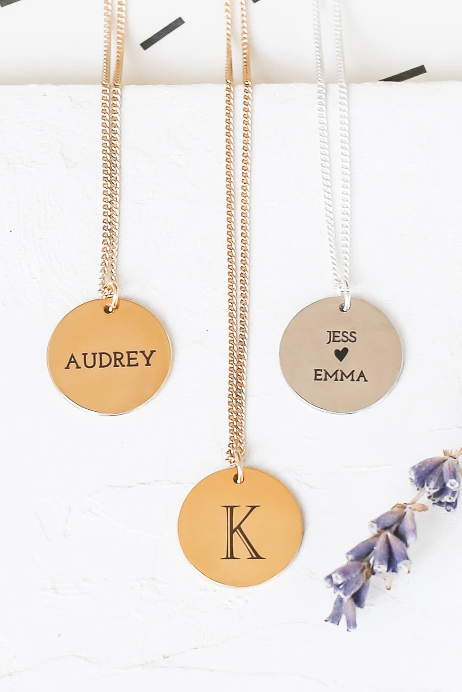 Long Custom Engraved Disc Necklace, Long Monogram Necklace ...
