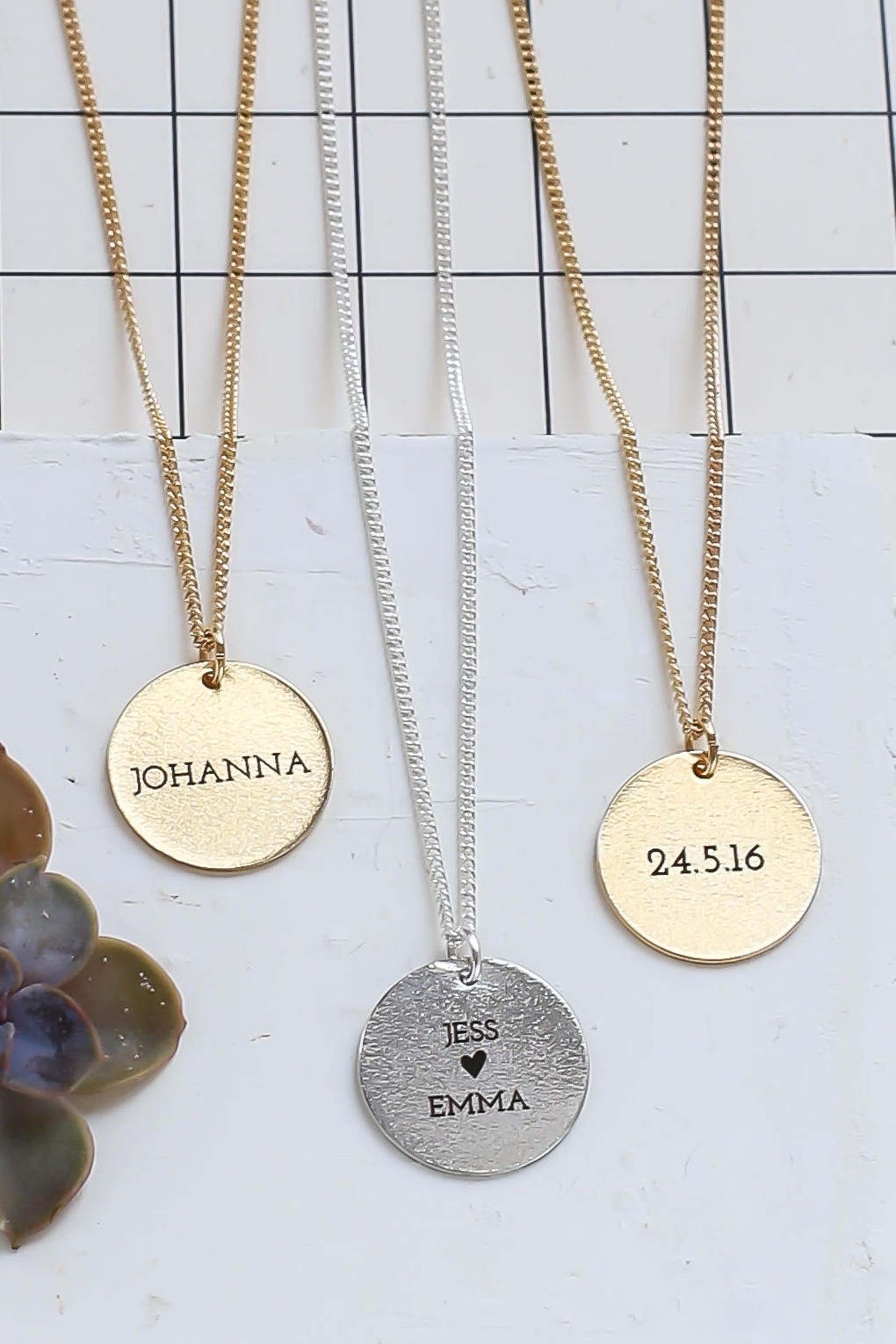 Long Custom Engraved Disc Necklace, Long Monogram Necklace ...