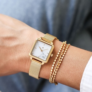 Rectangle Watch With a Golden Mesh Strap, Classic Women's Wrist Watch ...