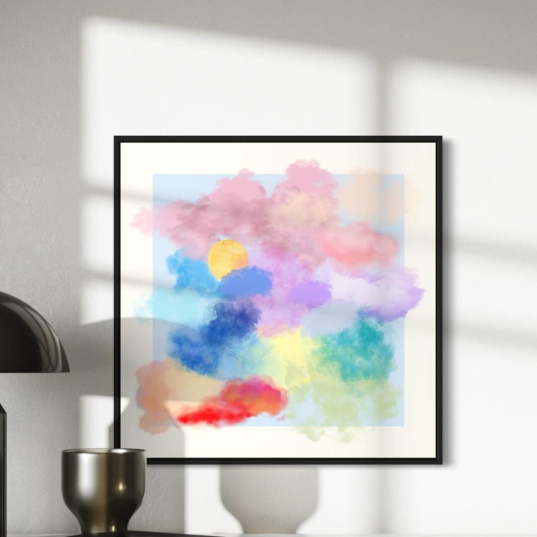 Dreamy Pastel Cloud Art Print | Watercolour Rainbow Clouds With Sun ...