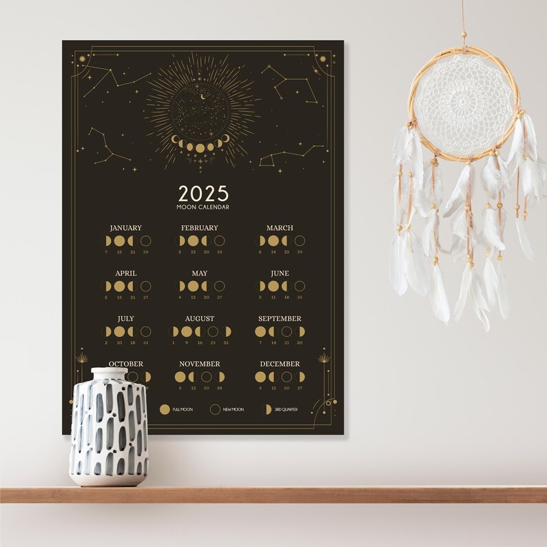 2025 Moon Calendar, Lunar Phases Wall Art, Mystical Moon Phase Poster ...
