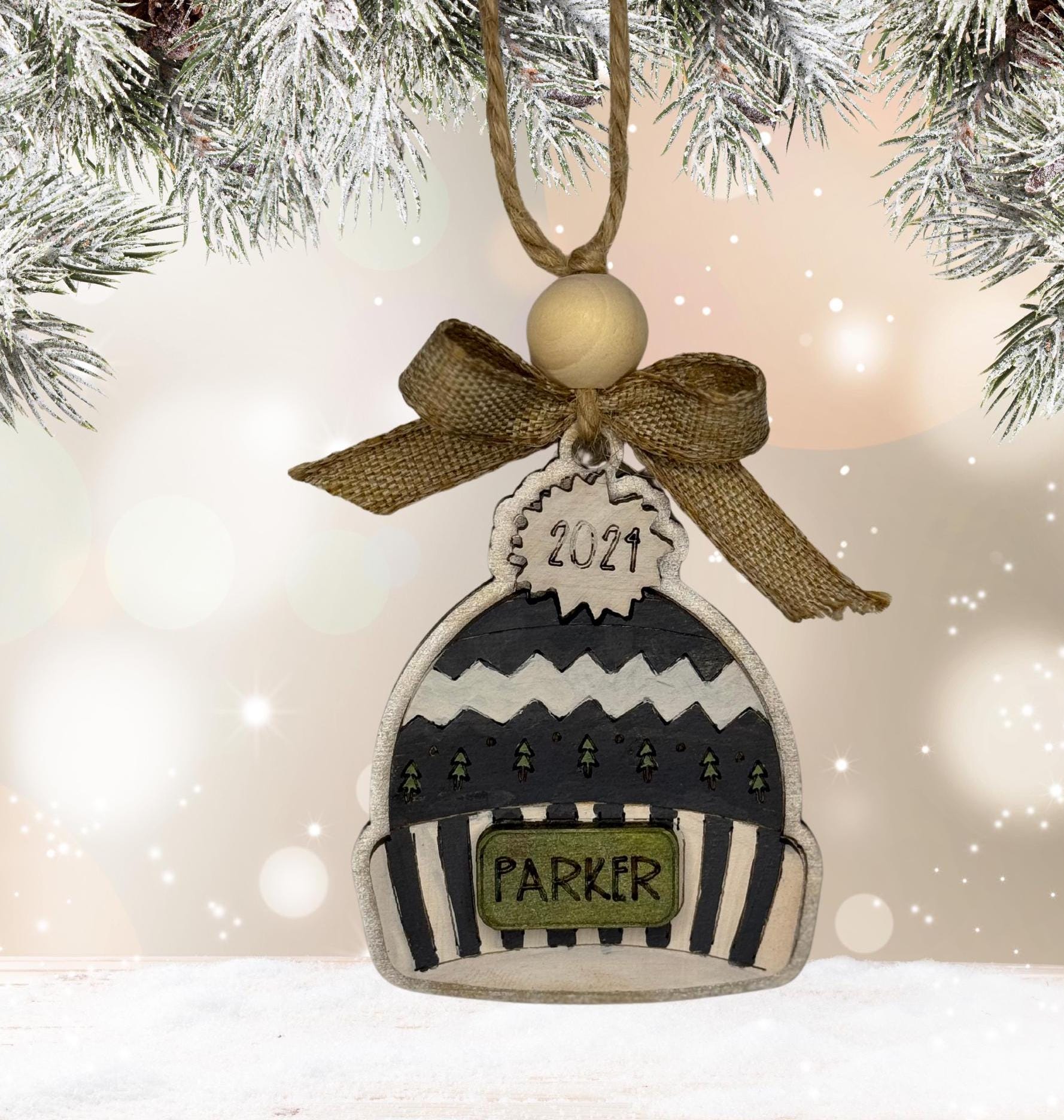 Hand Painted Layered Beanie Christmas Stocking Tag Ornament | Family ...