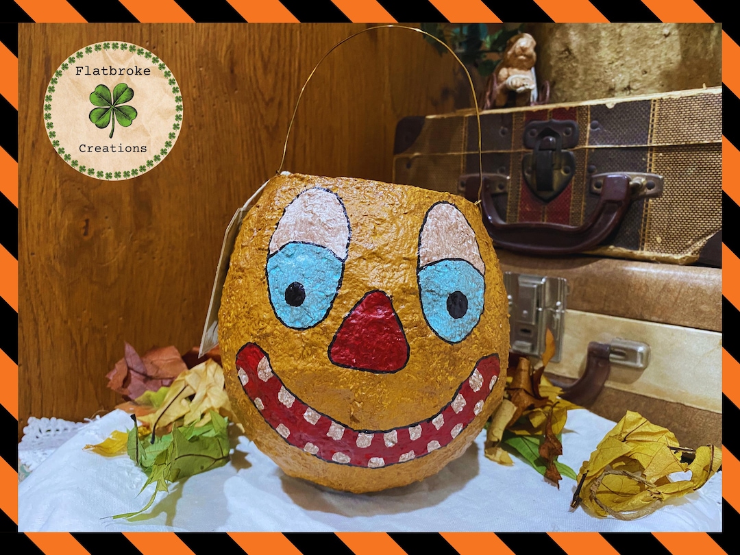Vintage Halloween Paper Mache Pumpkin Bucket Candy Bowl Jack-o-lantern ...