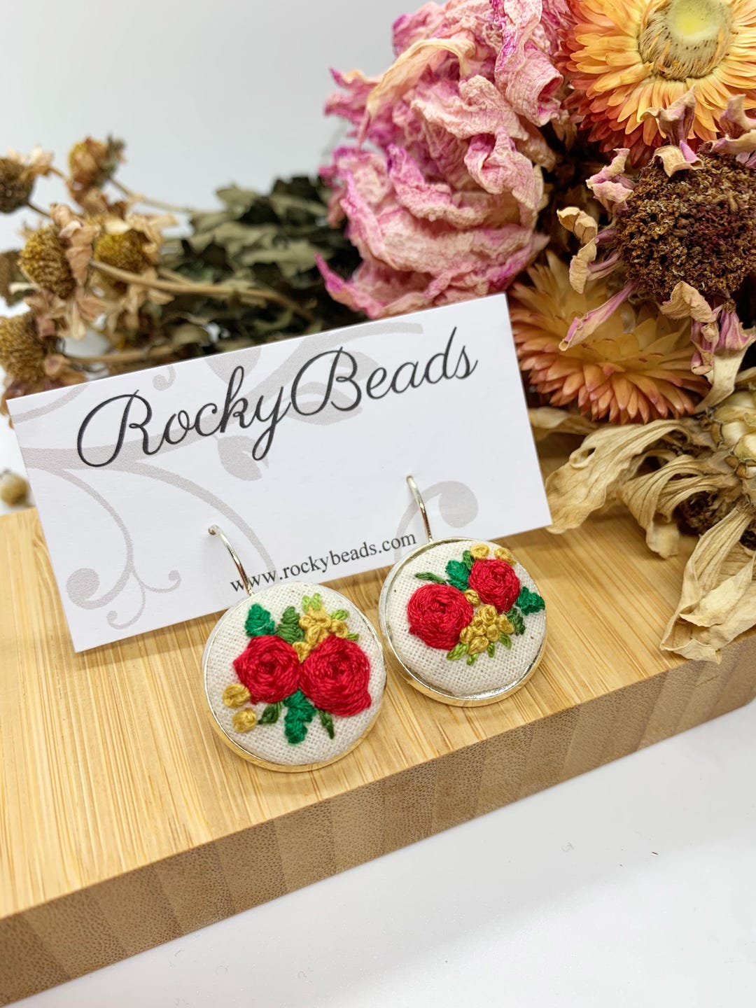 Embroidered Red Flowers Dangle and Drop Earrings - Etsy