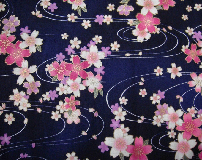 Beautiful Dark Blue Traditional Japanese Kimono Design Cotton Fabric ...