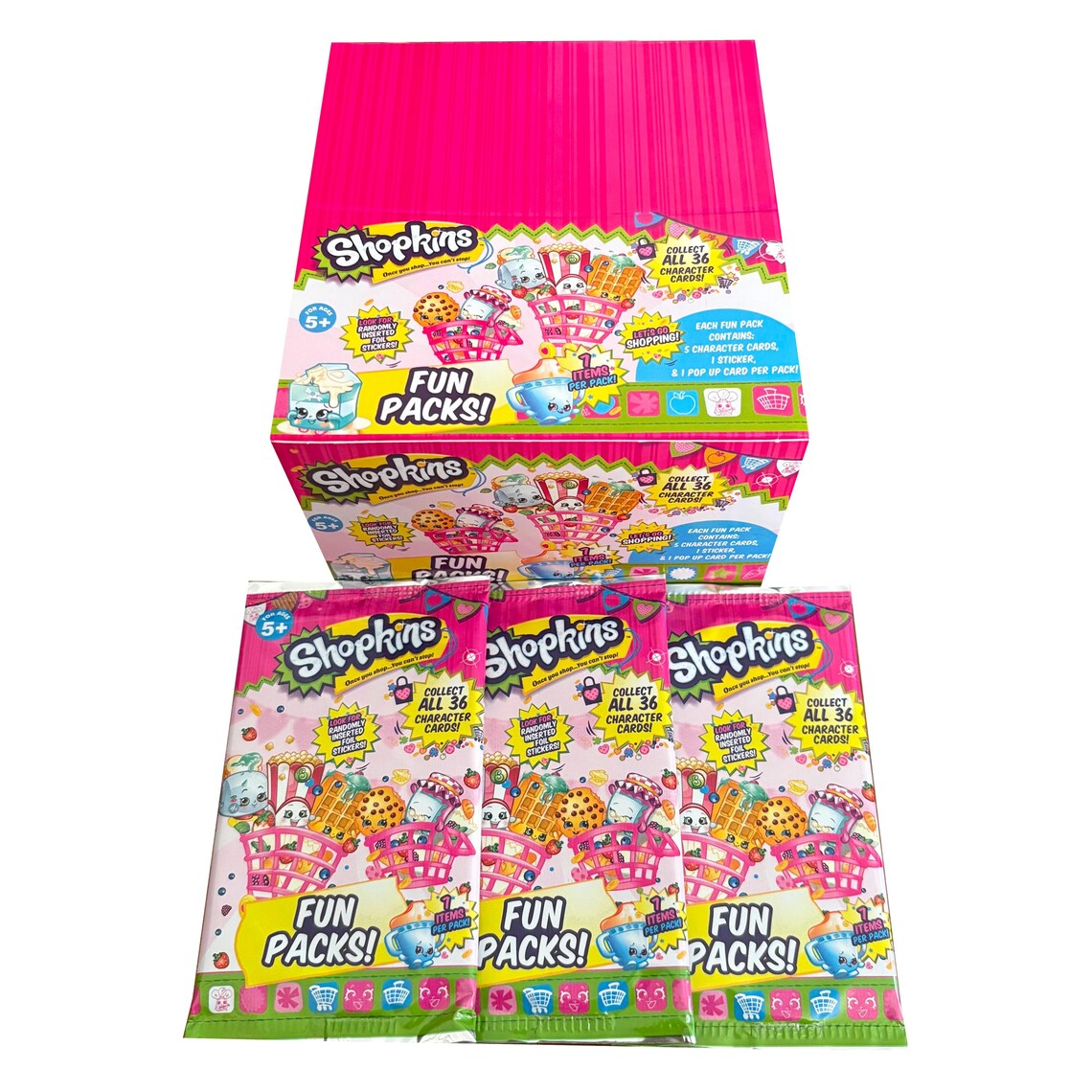 3 Shopkins Fun Packs. 5 Character Cards, 1 Sticker + 1 Pop-up Card per ...