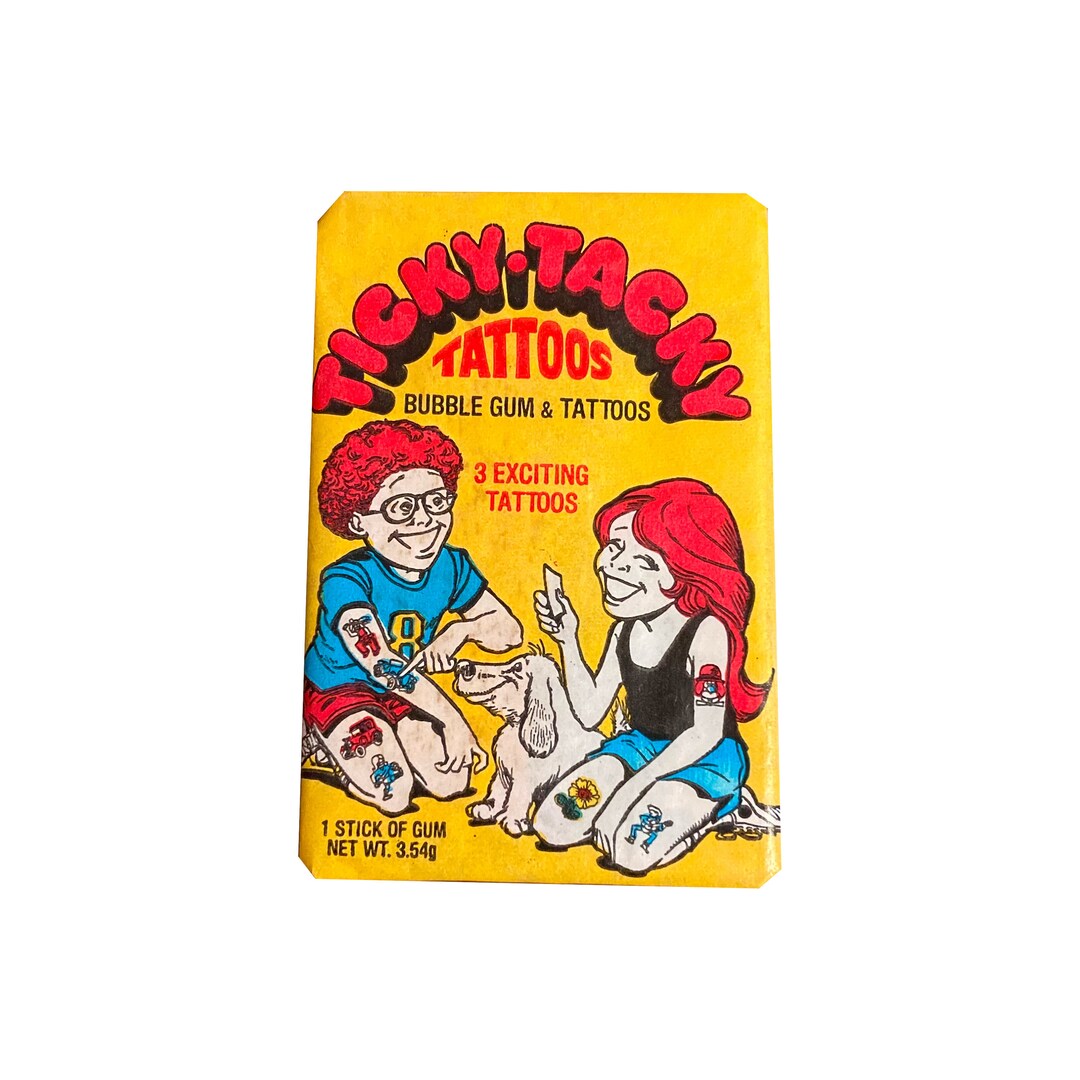 1 Ticky Tacky Tattoos Vintage Wax Pack. 3 Exciting Tattoos per Pack. Released by Donruss in 1971 ...